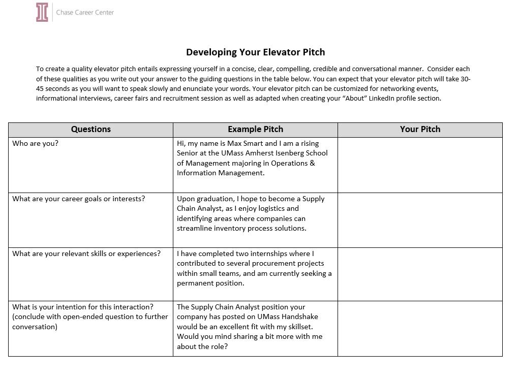 Elevator Pitch Worksheet – IConnect | Isenberg School of Management